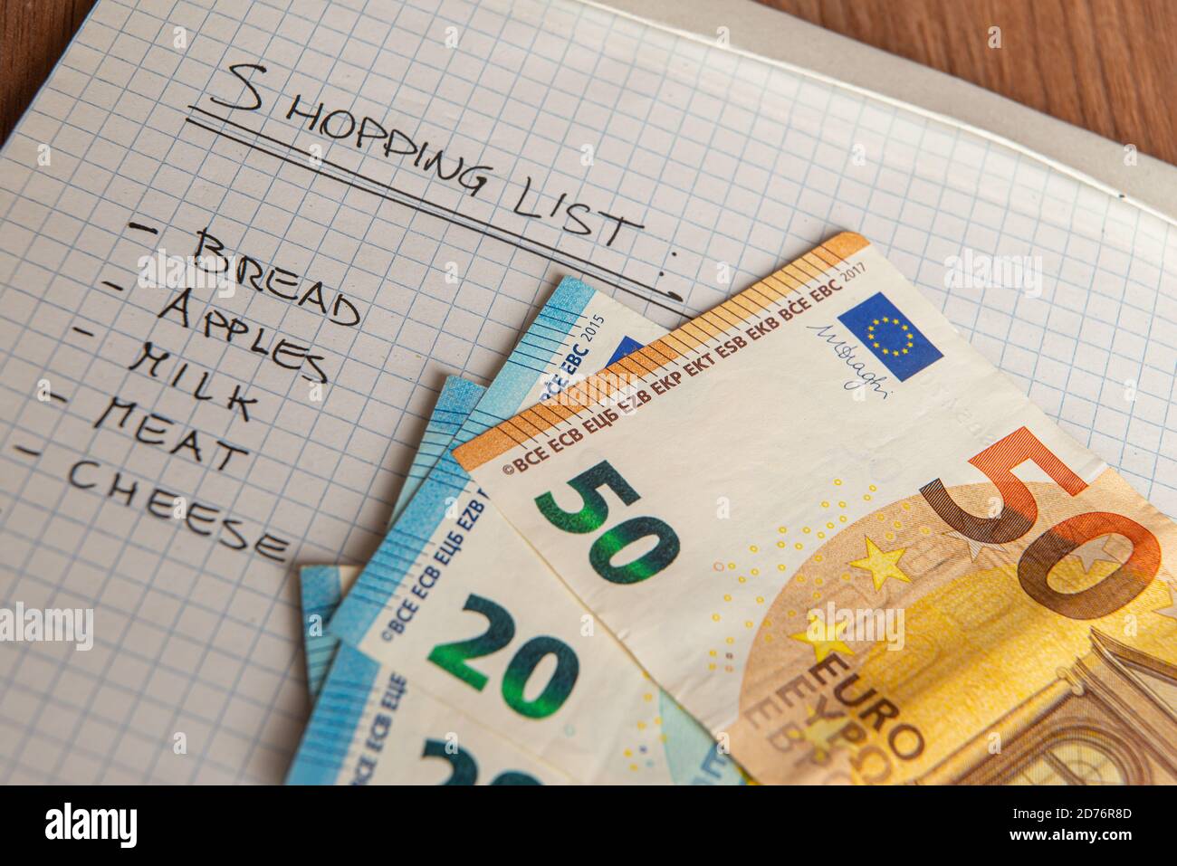 Notepad with text "shopping list", list of goods to buy, and money next ...