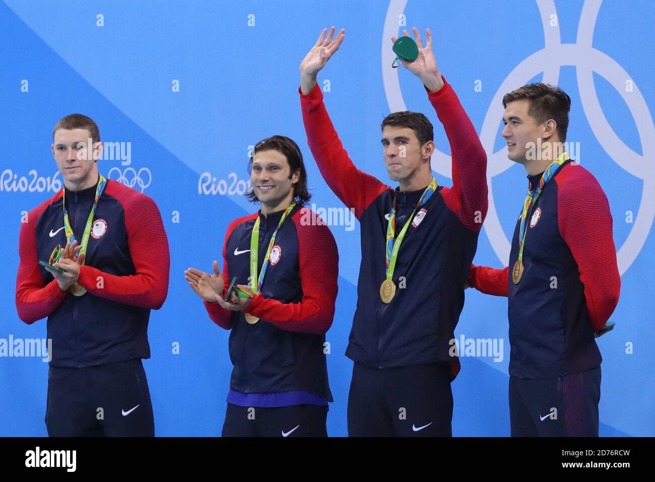 (L-R) Ryan Murphy, Cody Miller, Michael Phelps, Nathan Adrian (USA ...