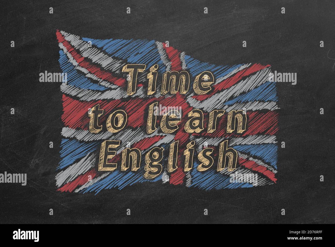 Hand drawing british flag with text "Time to learn English" on ...