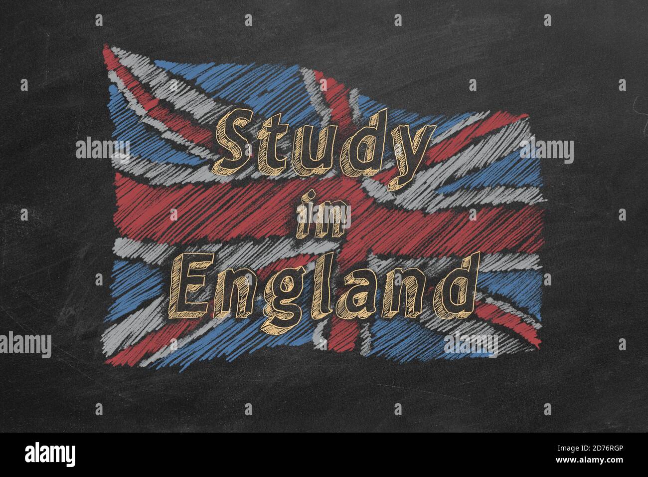 Hand drawing british flag with text "Study in England" on blackboard ...
