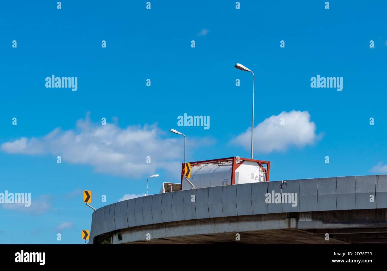 Truck transport logistics. Elevated concrete highway road. Truck with ...