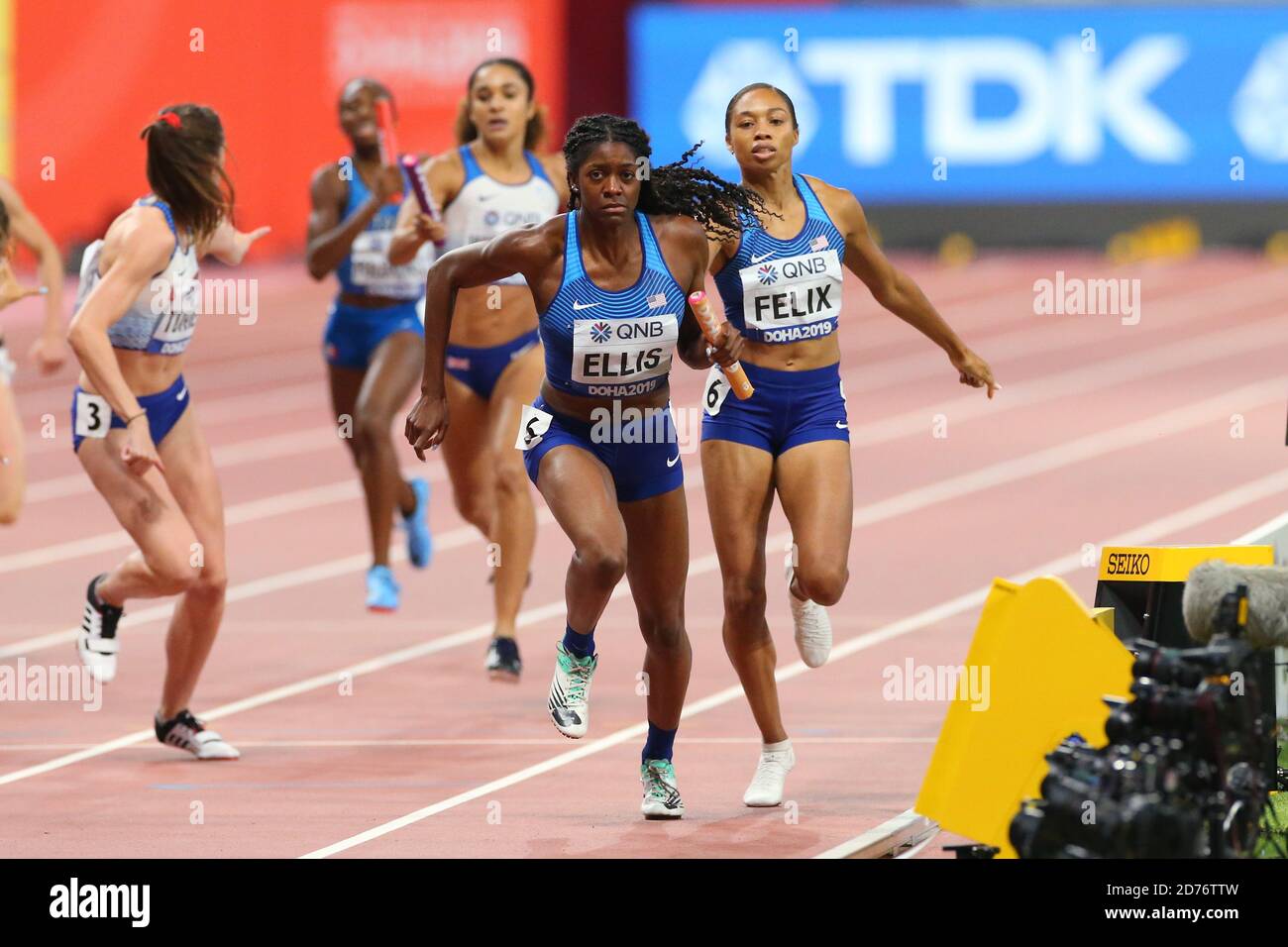 Doha, Qatar. 5th Oct, 2019. (L to R) Kendall Ellis, Allyson Felix (USA ...