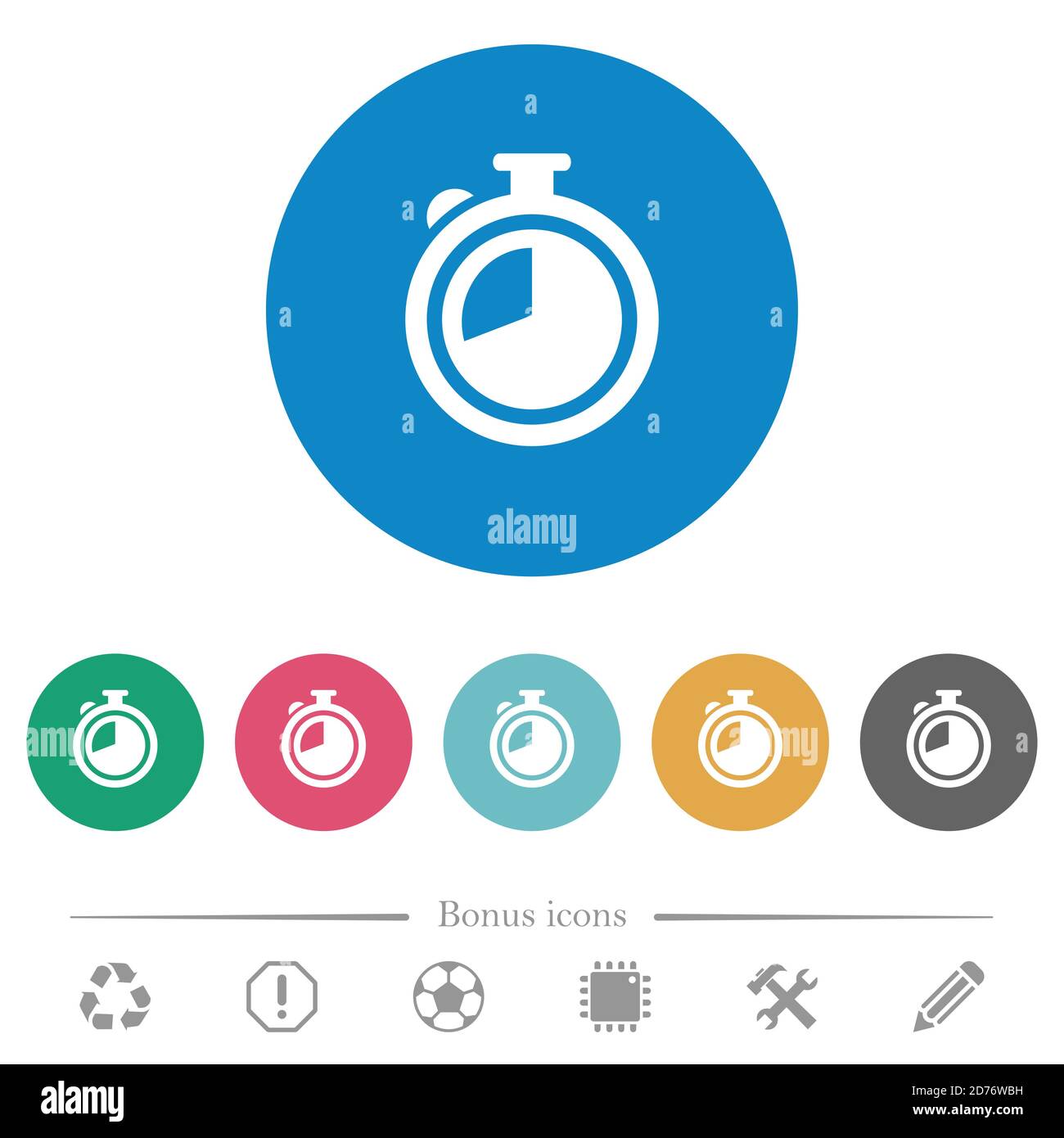 Timer flat white icons on round color backgrounds. 6 bonus icons ...