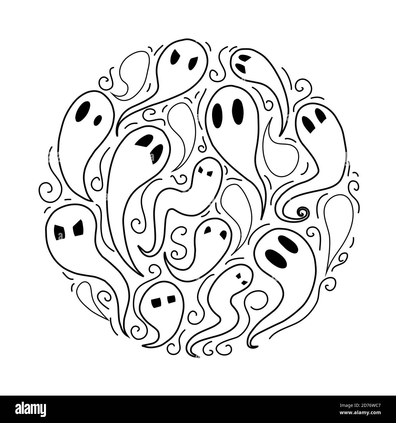 Set of outline cartoon ghosts with emotions in circle. Doodle Spirits ...