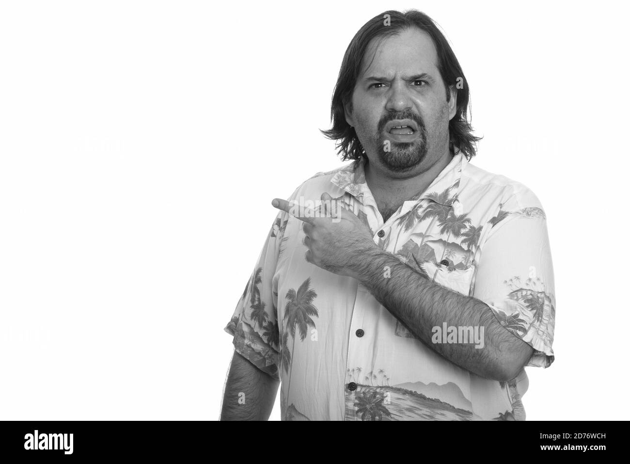 Angry fat Caucasian man pointing finger ready for vacation Stock Photo ...