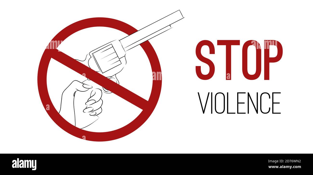 Stop violence and war. Horizontal card with outline drawing of a pistol ...