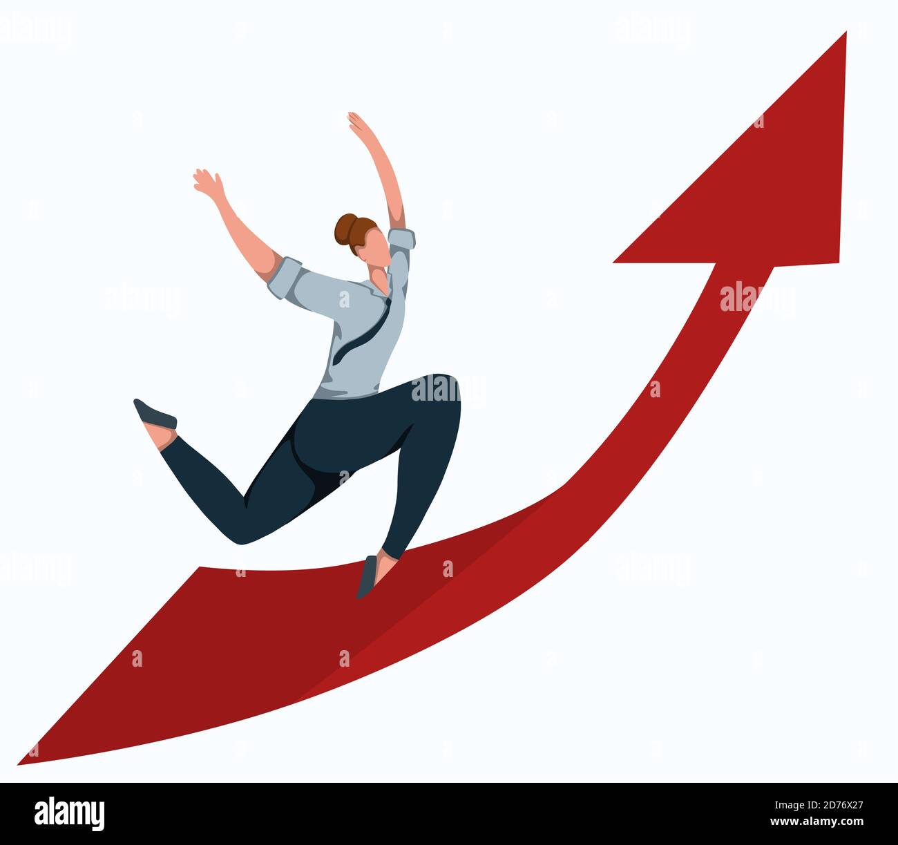 Flat illustration of a running business woman on up arrow. Effort and ...