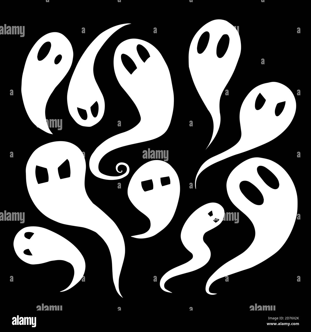 Set of white cartoon ghosts with emotions on black background. Spirits ...