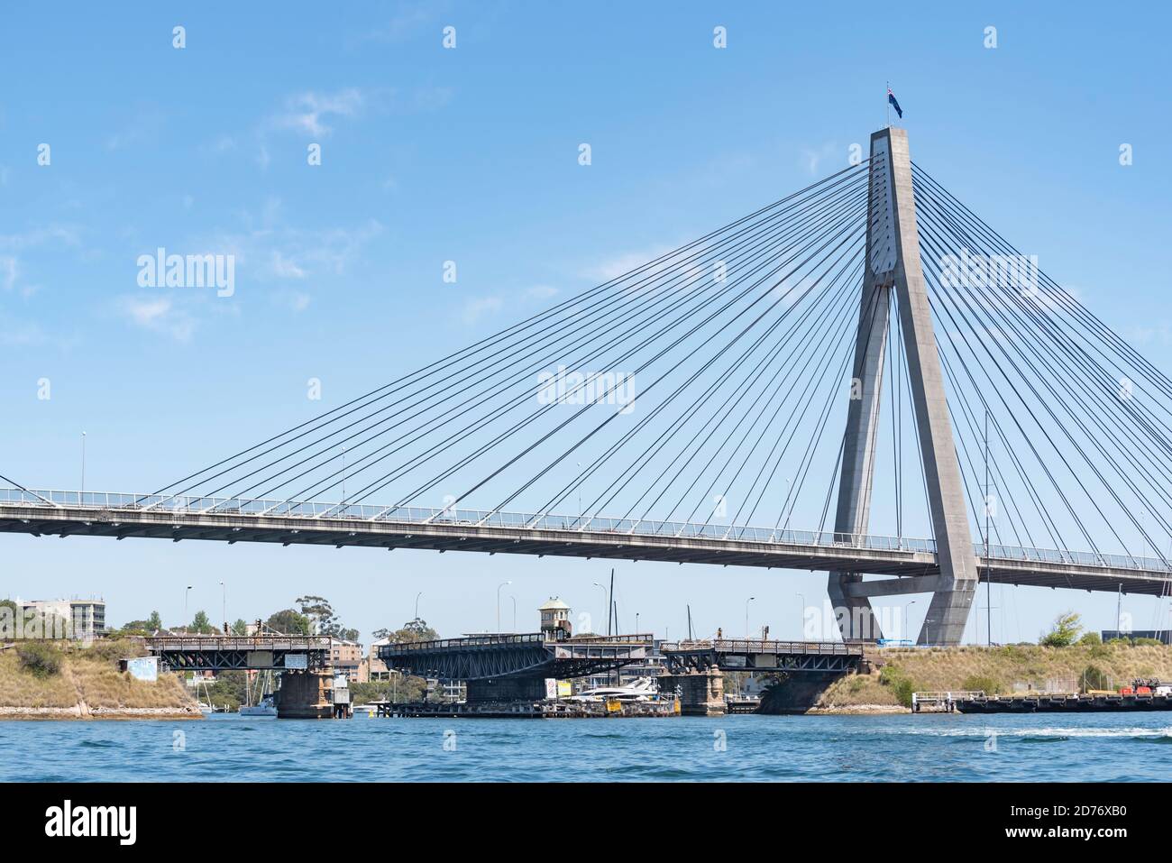 One of the towers of the eight lane Anzac Bridge in Pyrmont, Sydney ...
