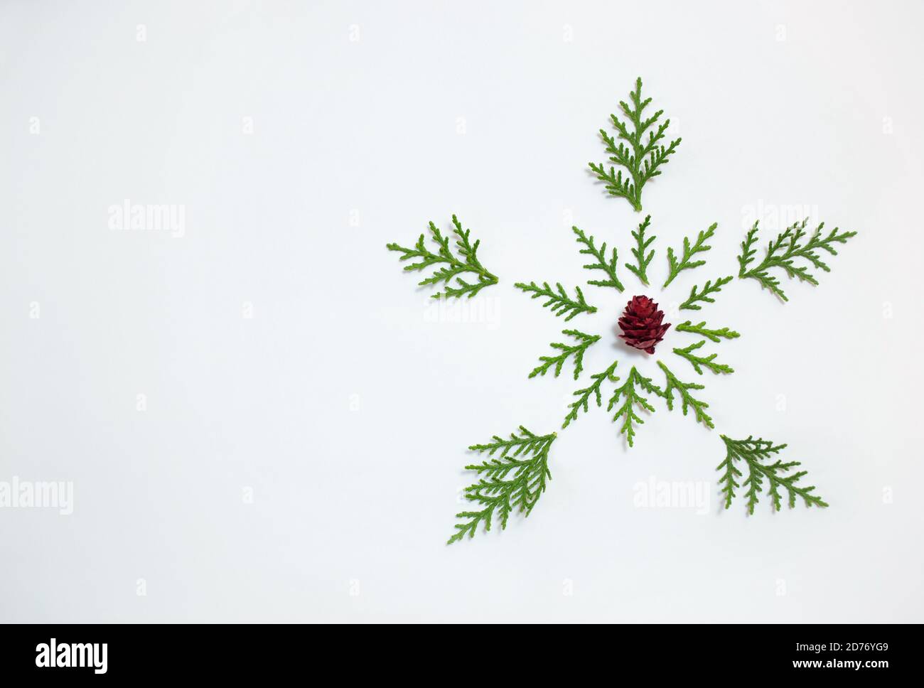 Snowflake made of Christmas tree twigs with a red cone in the middle ...