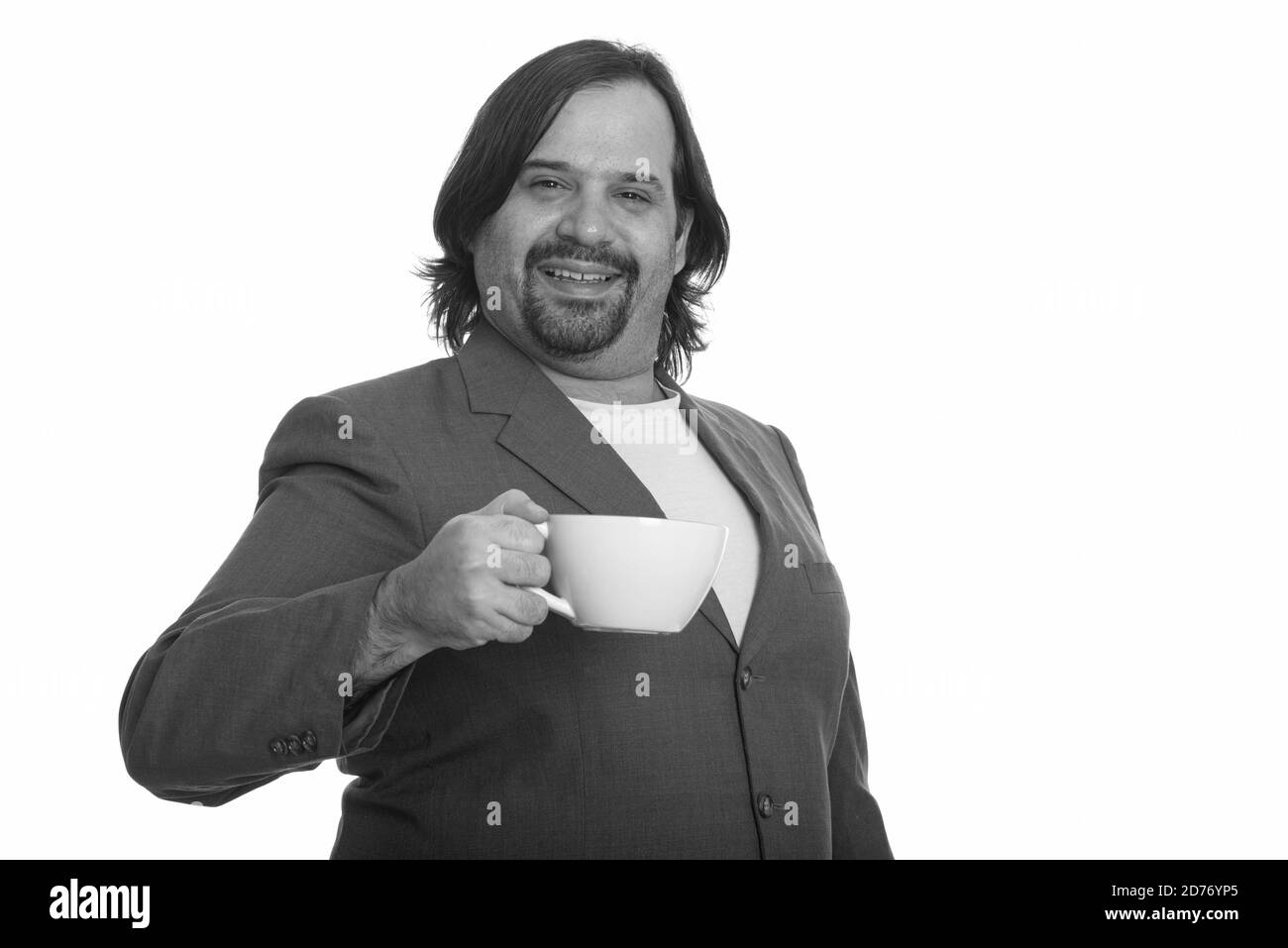 Happy fat Caucasian businessman smiling and holding coffee cup Stock ...