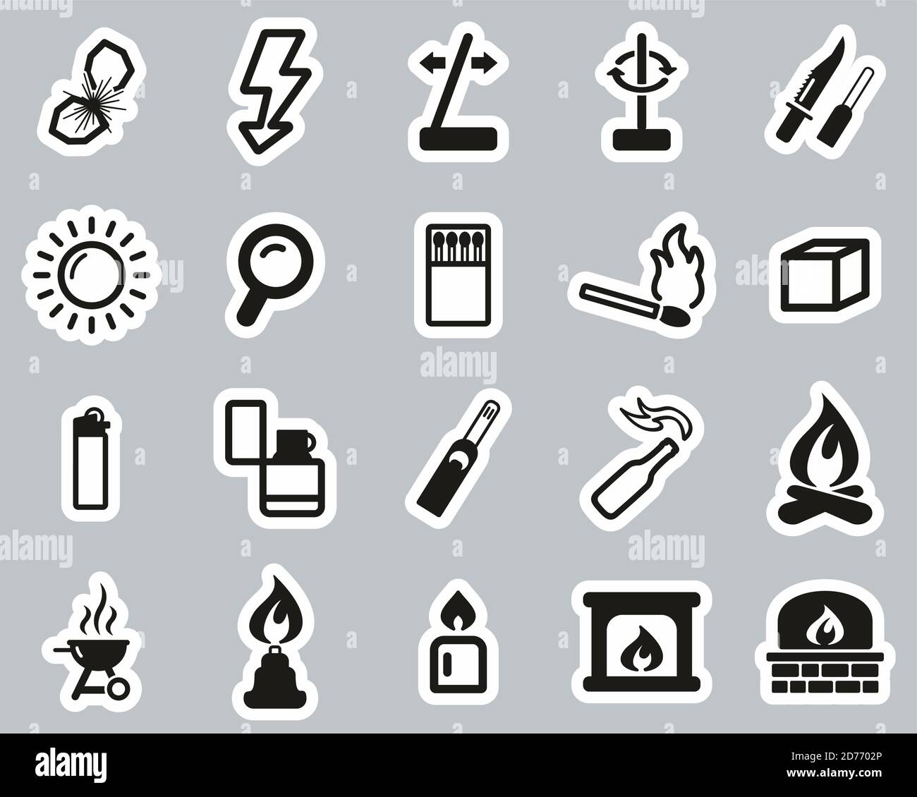 Fire & Fire Making Tools Icons Black & White Sticker Set Big Stock ...