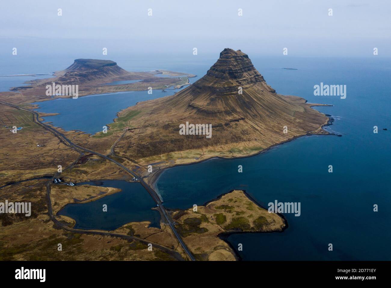 Aerial view famous Kirkjufell mountain Iceland. Kirkjufell is one of ...
