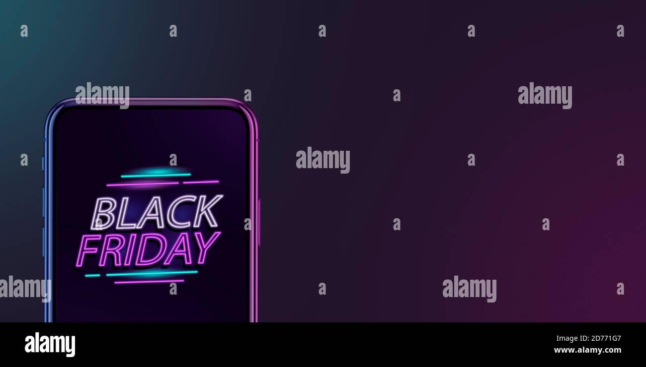 Device with neon lettering, black friday, sales, shopping concept ...