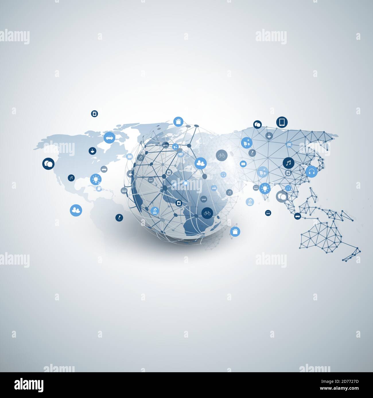 Internet of Things, Cloud Computing Design Concept with Wireframe, Earth Globe and Icons ...