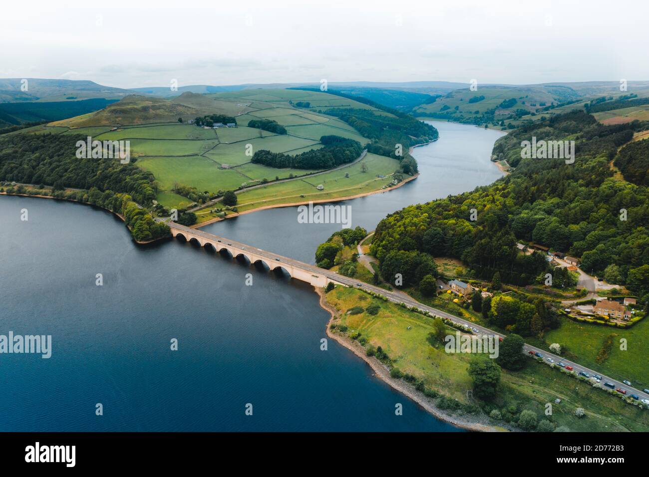 Aerial view wtih beautiful green landscape Derwent Dam, snake road ...