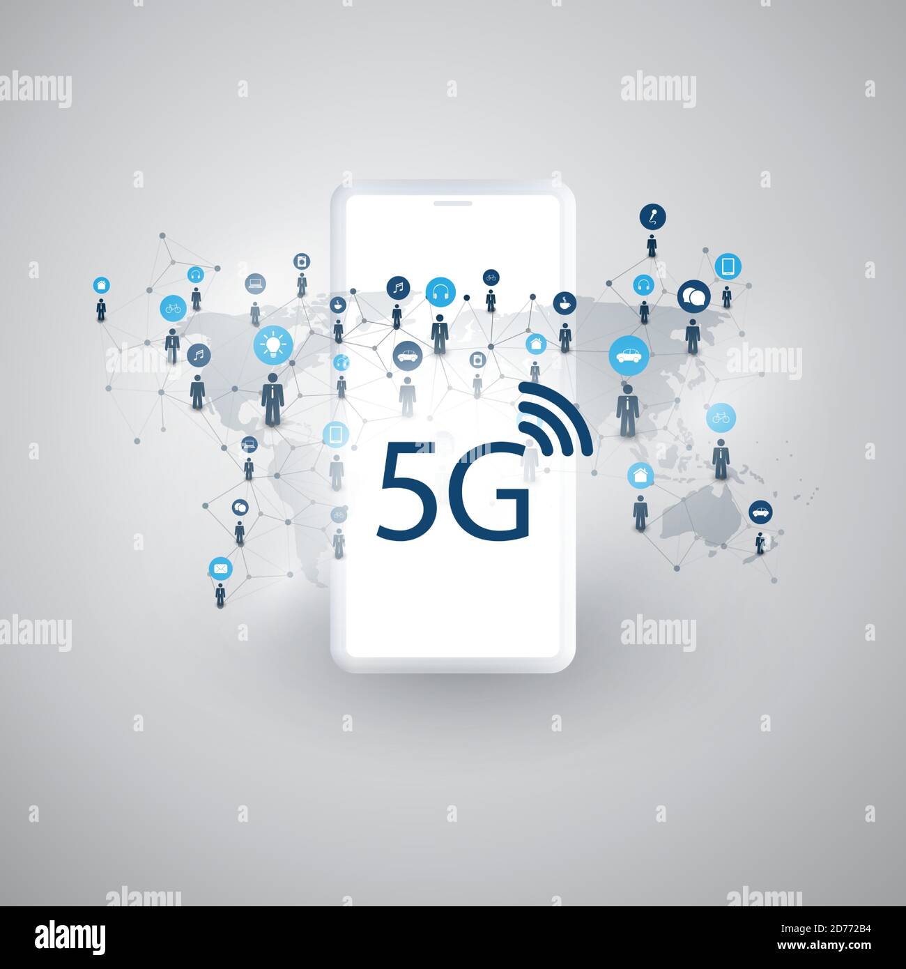 5G Network Label with Icons Representing Various Kind of Devices and ...