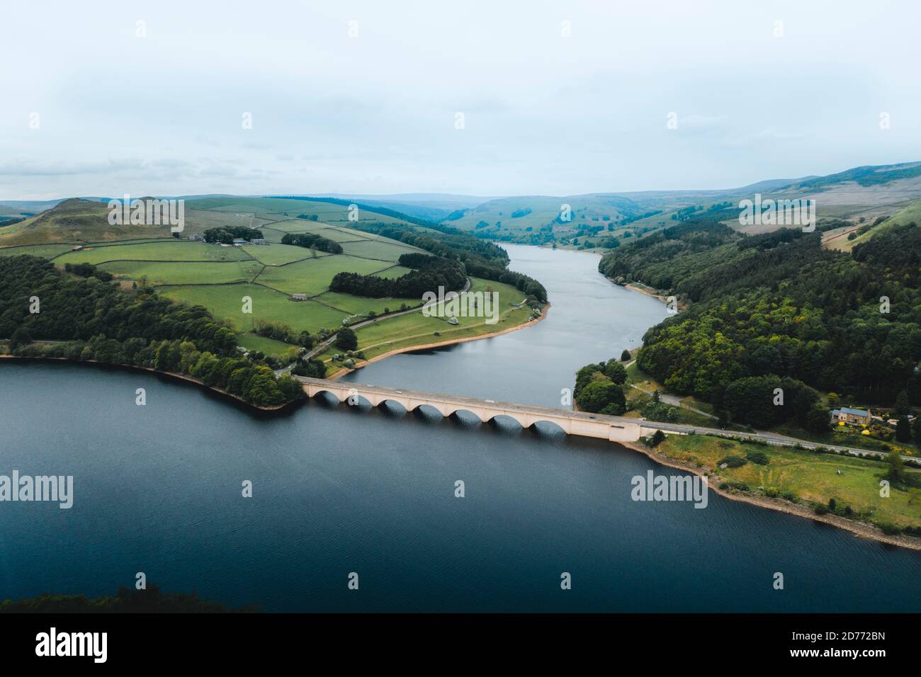 Aerial view wtih beautiful green landscape Derwent Dam, snake road ...