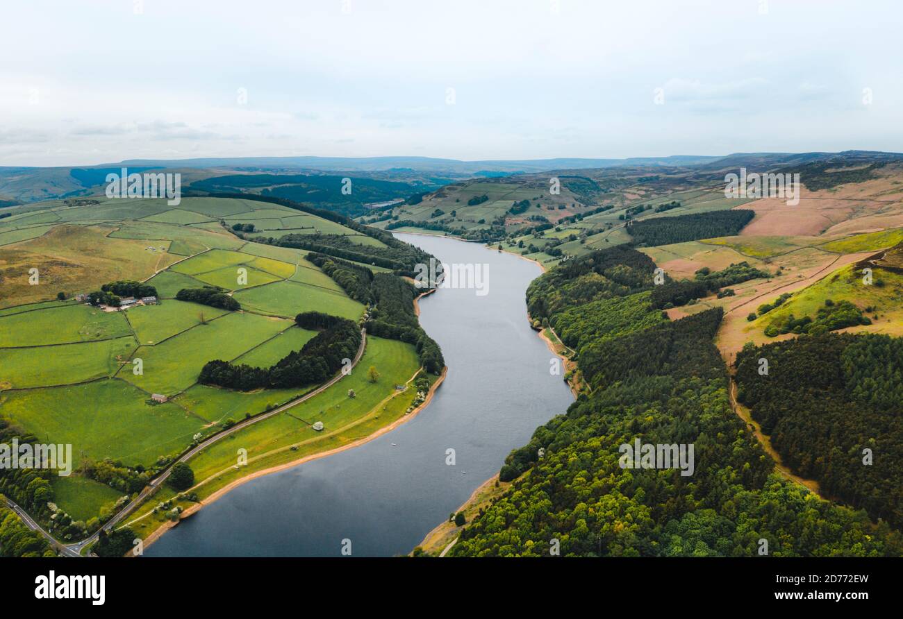 Aerial view wtih beautiful green landscape Derwent Dam, snake road ...