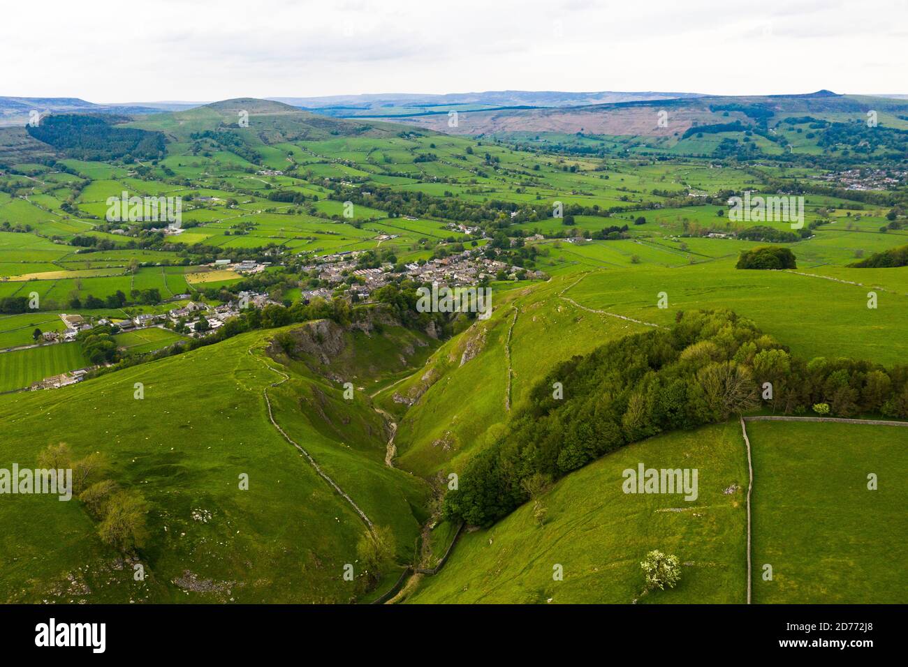 Aerial view wtih beautiful green landscape of Cave Dale limestone deep ...