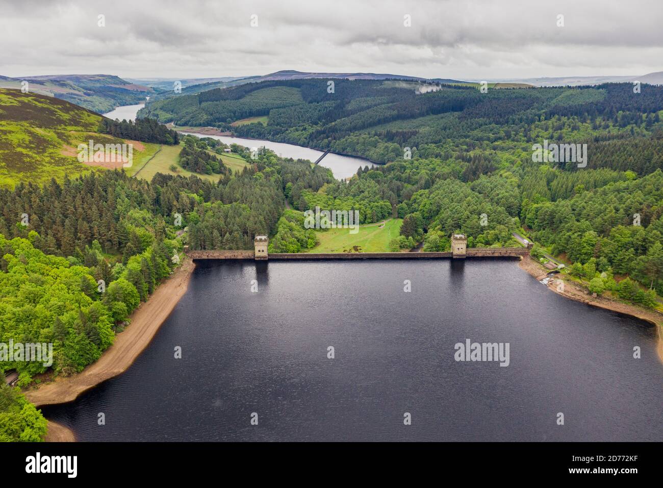 Aerial view wtih beautiful green landscape Derwent Dam, snake road ...