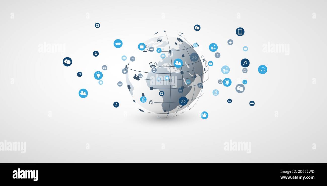 Internet of Things, Cloud Computing Design Concept with Earth Globe, Wireframe and Icons ...