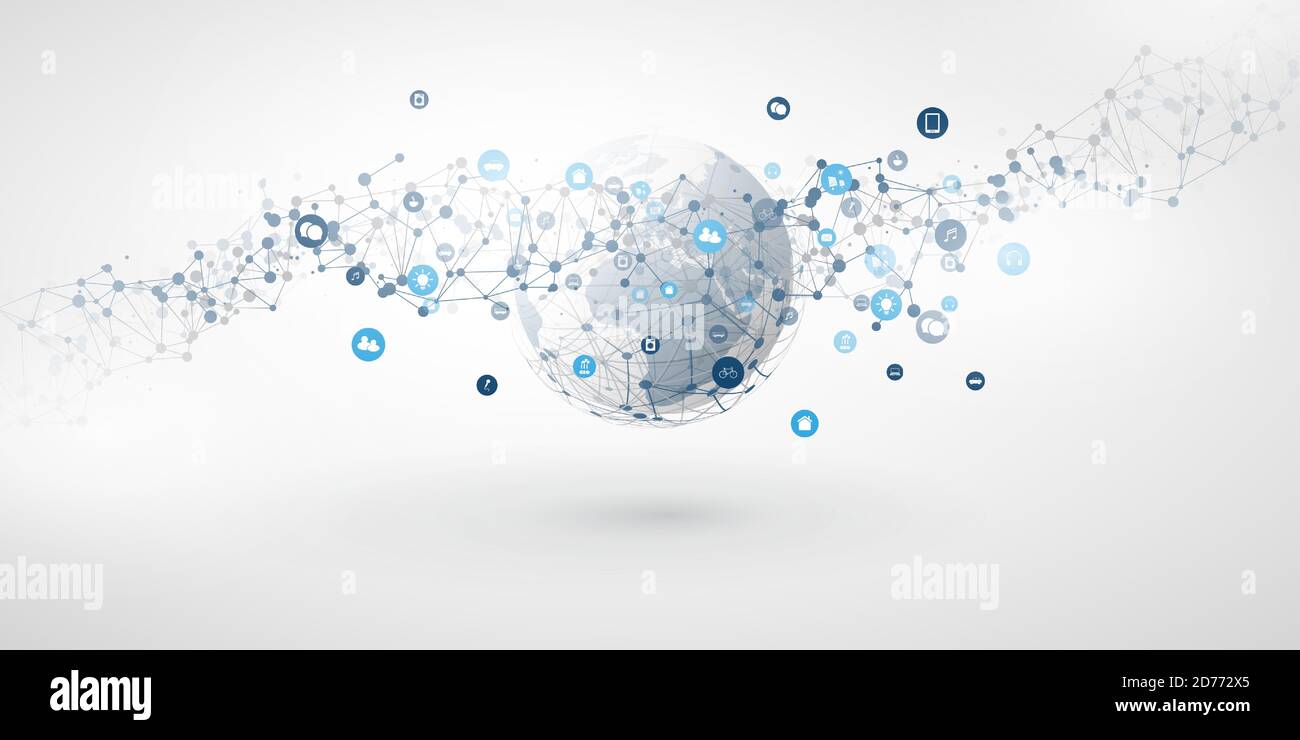 Internet of Things, Cloud Computing Design Concept with Earth Globe, Wireframe and Icons ...