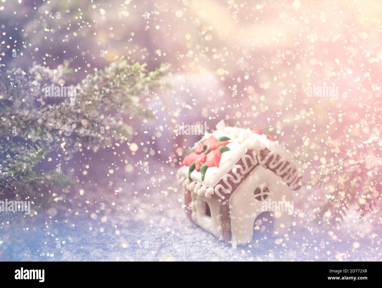 Gingerbread house with white icing and branch of christmas tree covered ...