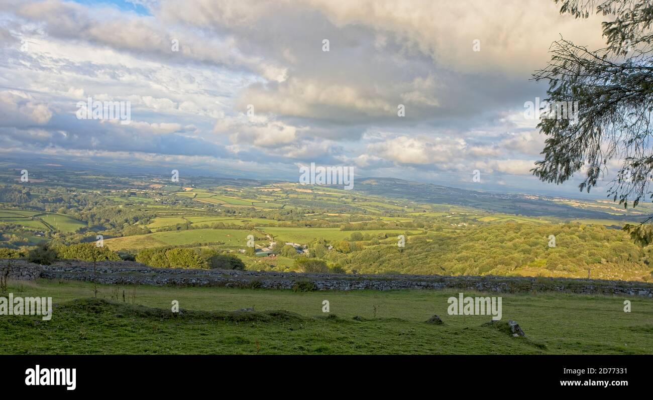 Cornish farmland looking east from the Cheesewring Farm, near Minions ...