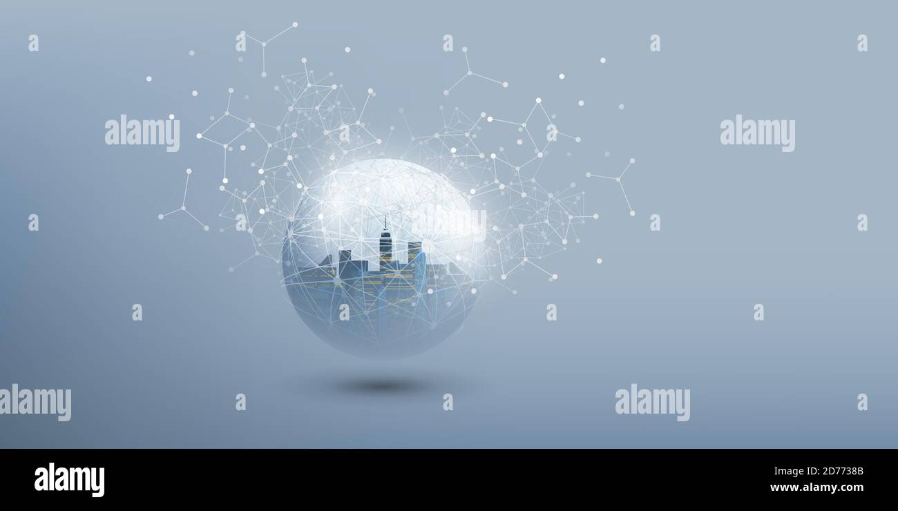 Smart City, Cloud Computing Design Concept with Wireframe - Digital Network Connections ...