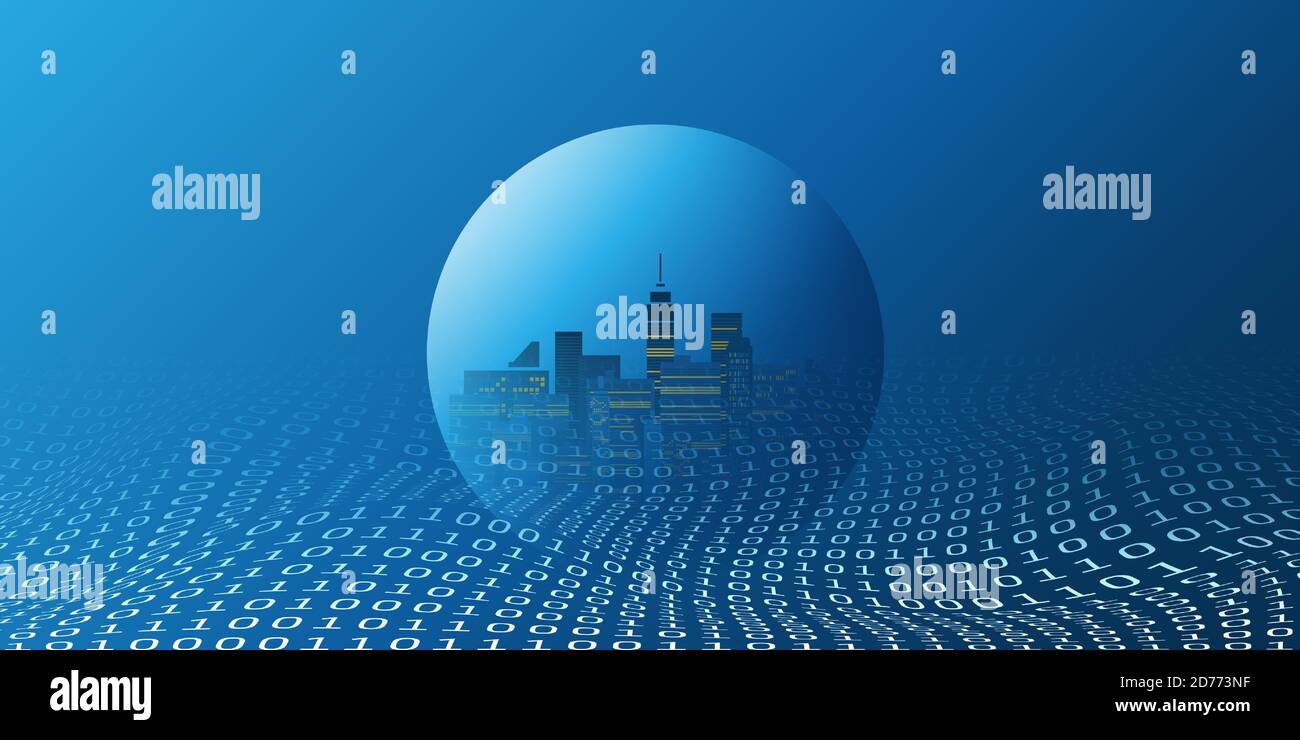 Futuristic Smart City, IoT and Cloud Computing Design Concept with Transparent Globe and Binary ...