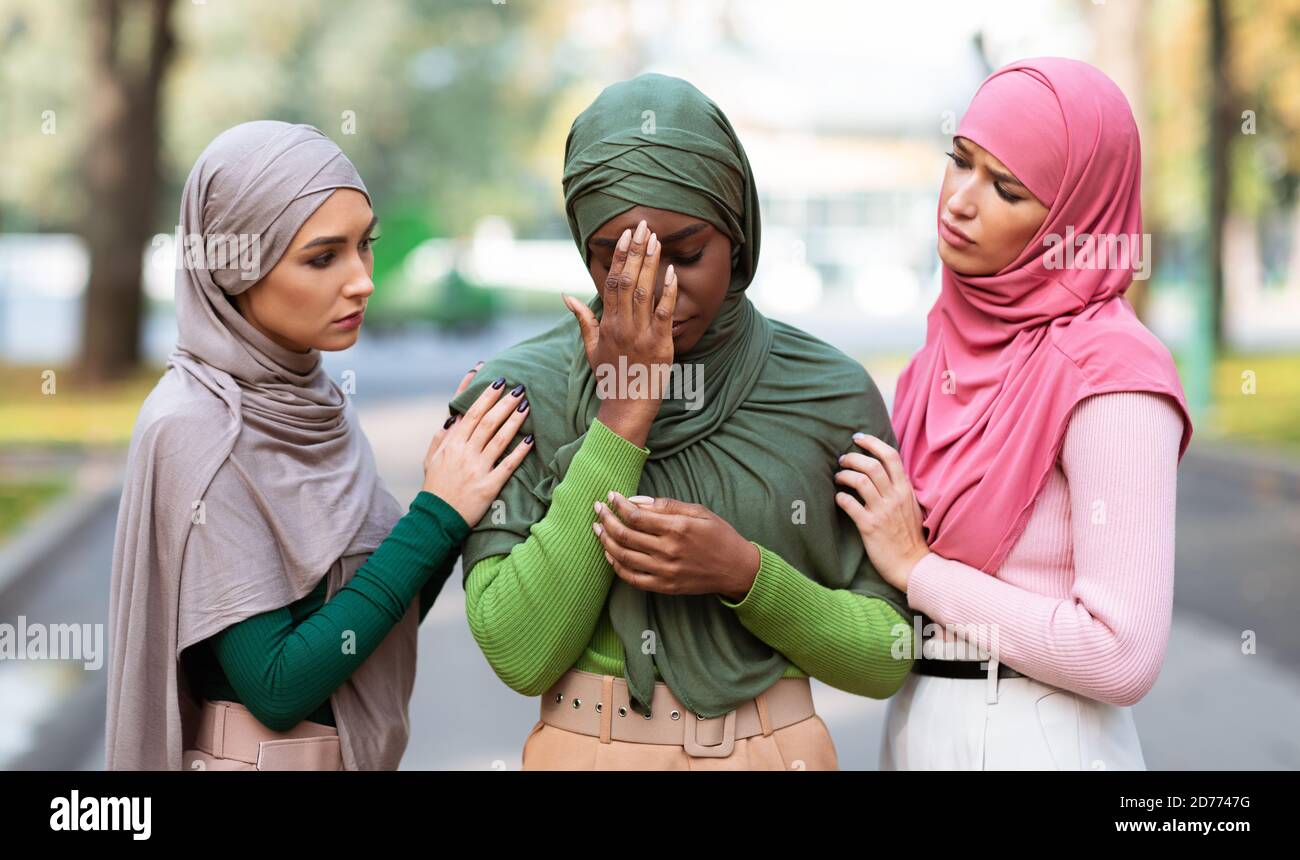 Arabic Ladies Comforting Unhappy Friend Supporting Her Standing Outside ...