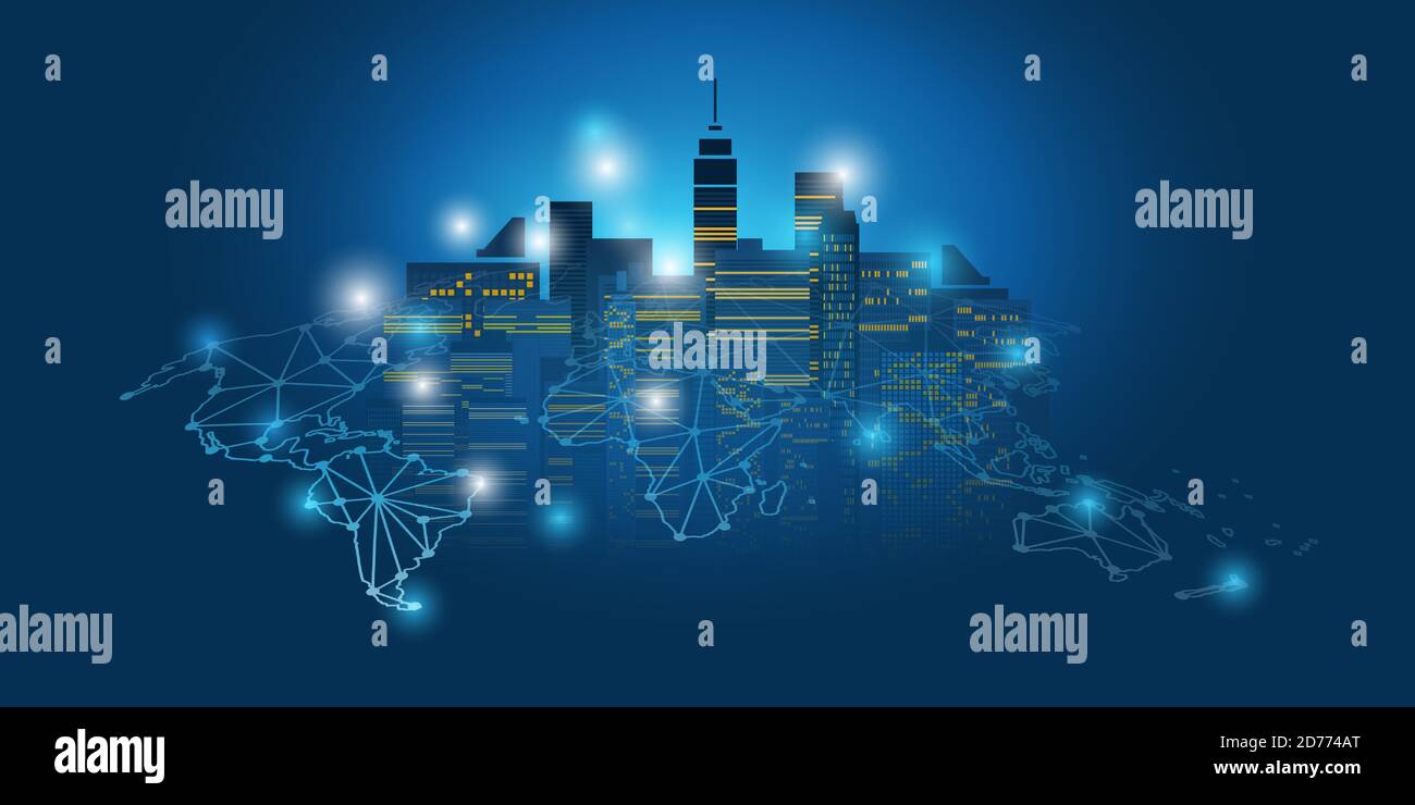 Smart City, Cloud Computing Design Concept with Wireframe and World Map - Digital Network ...