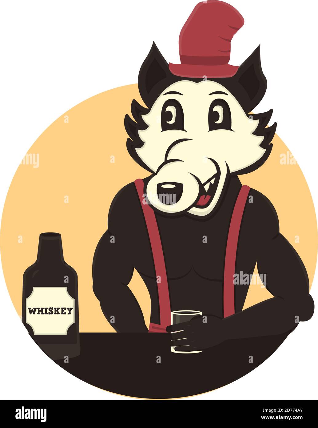 Happy wolf drinks whiskey. Wolf character in retro design Stock Vector ...