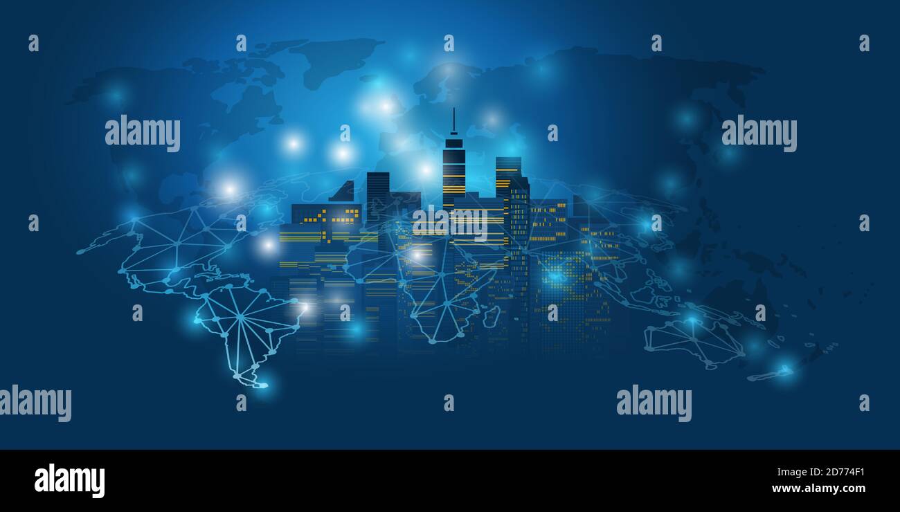 Smart City, Cloud Computing Design Concept with Wireframe and World Map - Digital Network ...