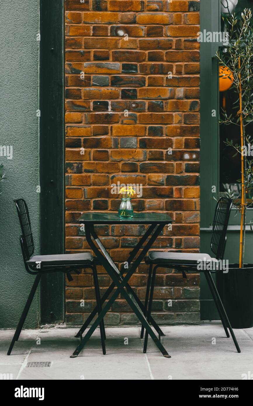 Empty coffee and restaurant terrace with tables and chairs in london ...