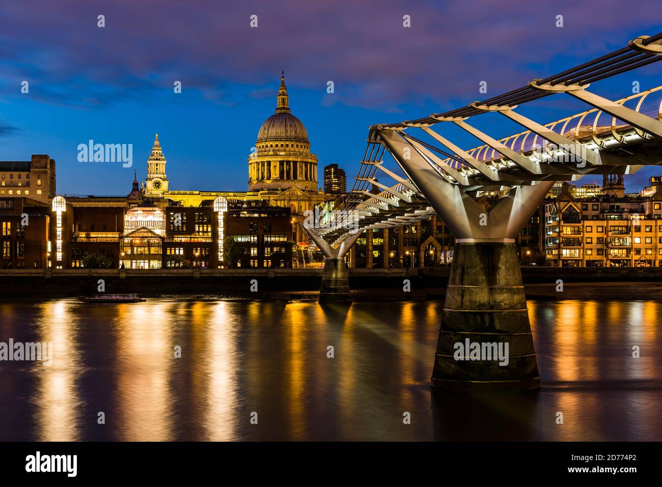 Lights over the River Thames at the Millennium Bridge, London, UK Stock ...