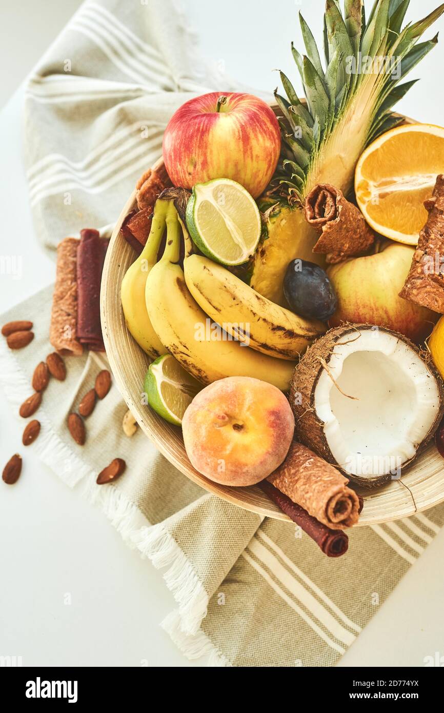 Composition of exotic fruits on white background Stock Photo - Alamy