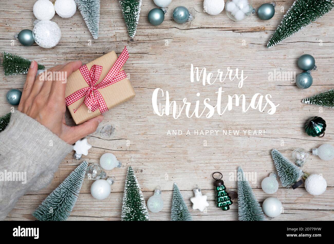 Christmas background with different decorations with writing Stock ...