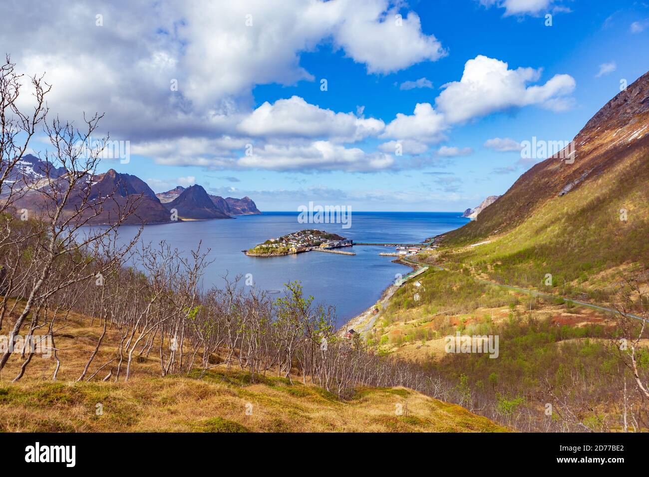 The landscape view of Senja Island with Husoy village in Norway Stock ...
