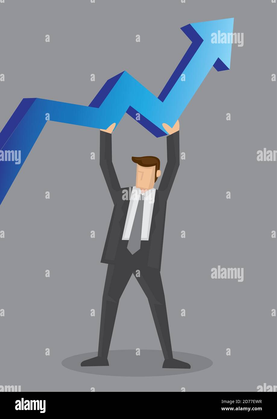 Cartoon business professional lifting a big blue up arrow. Creative ...