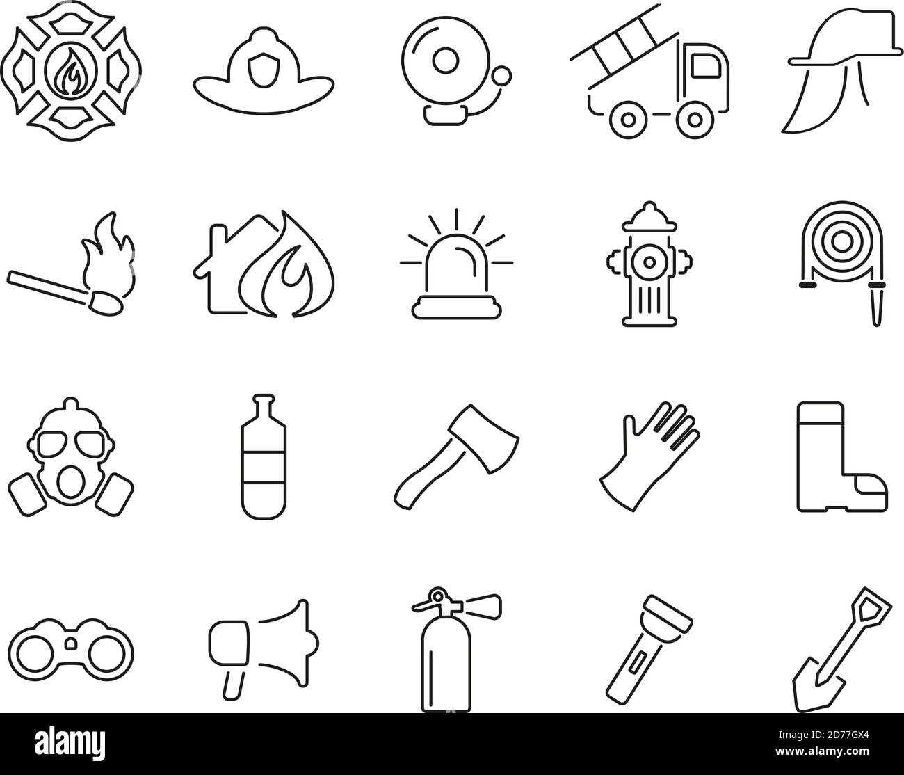 Firefighter & Firefighter Equipment Icons Black & White Thin Line Set ...