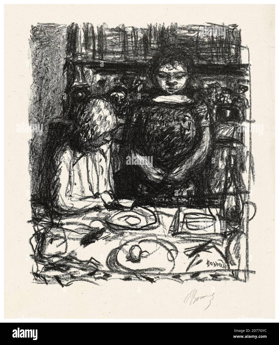 Pierre Bonnard, Seated man at table with meal and woman standing: Le ...