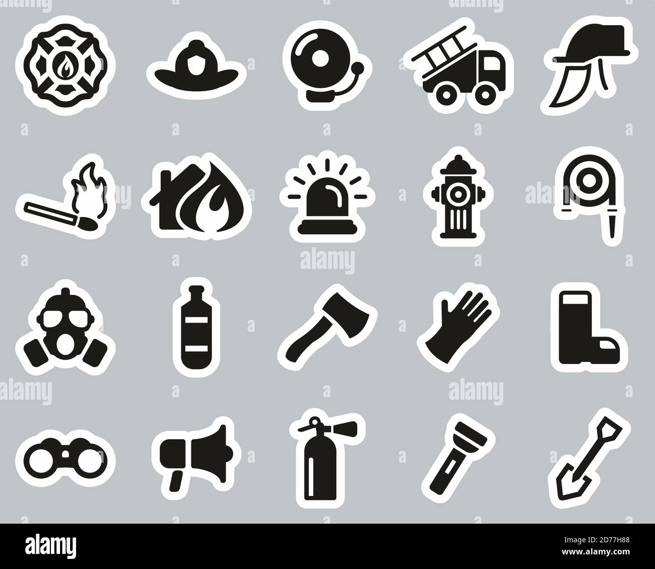Firefighter & Firefighter Equipment Icons Black & White Sticker Set Big ...