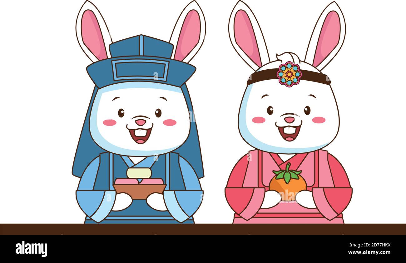 chinese rabbits couple with orange and present characters vector ...