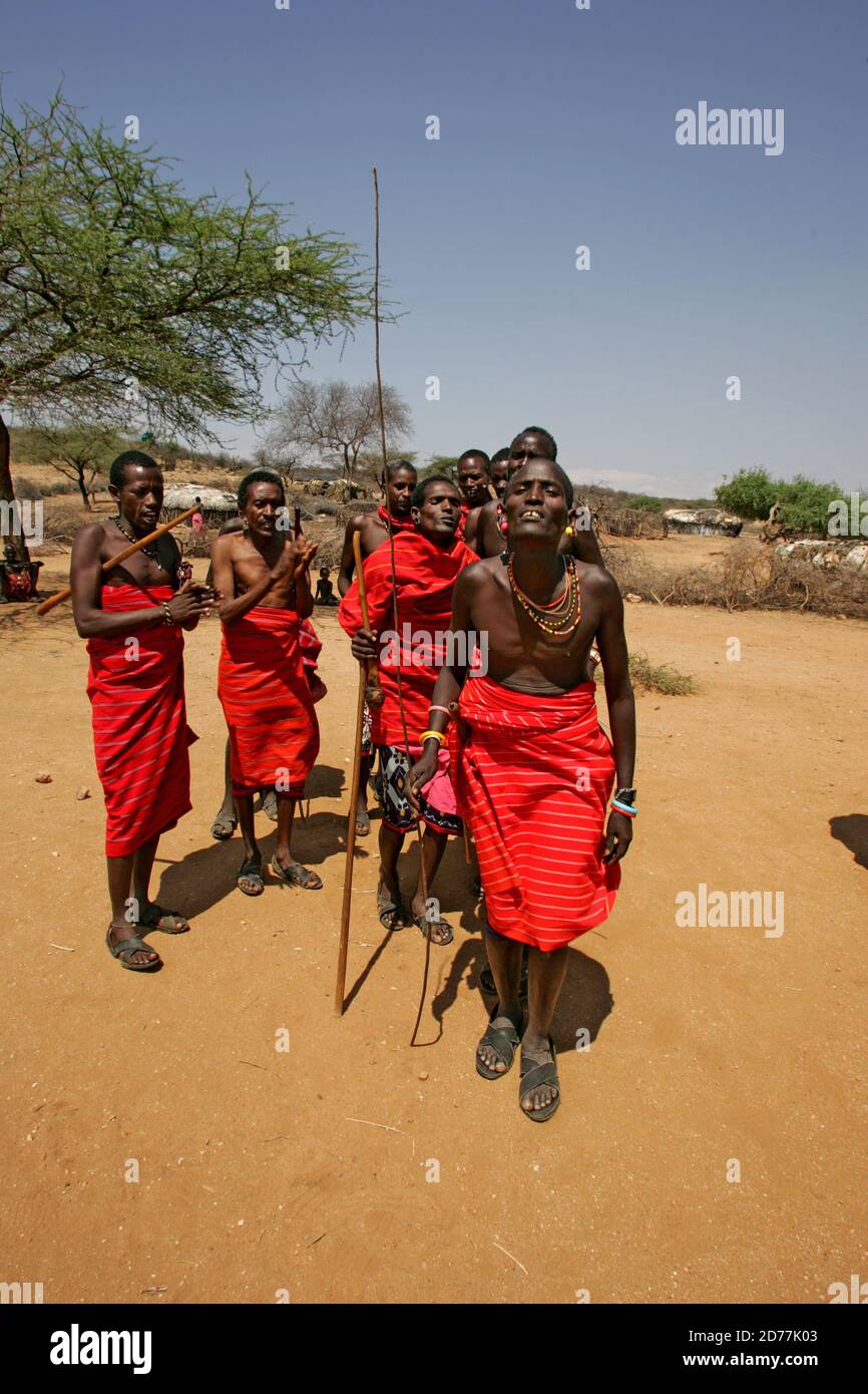 Members of the Samburu tribe in a traditional dance, Kenya. The Samburu ...