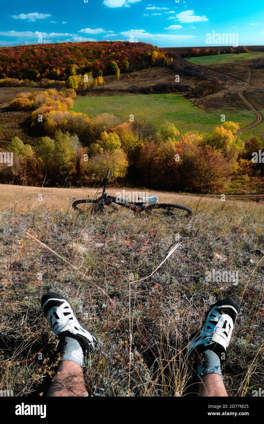 Aerial view of outdoor cycling. Mountain bike in wild nature landscape ...