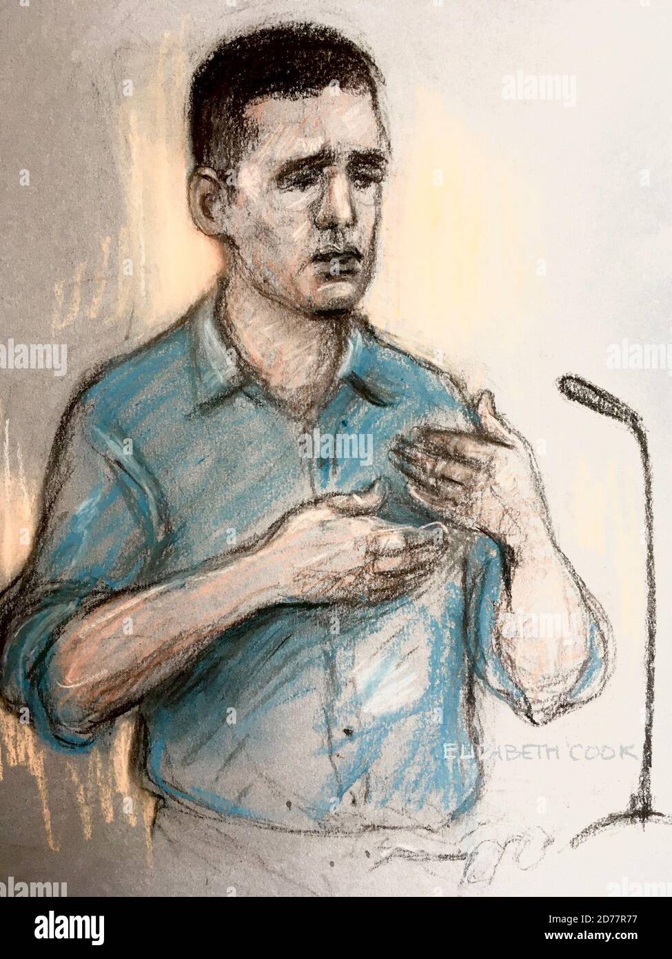 Court artist sketch by Elizabeth Cook of Timothy Brehmer giving ...