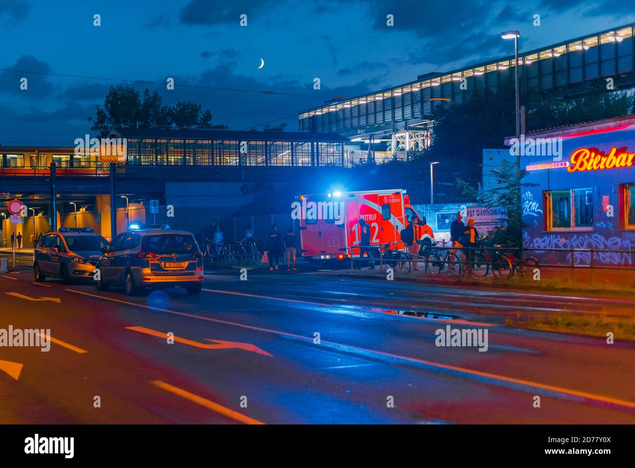 Emergency operations with ambulances and police vehicles at a train ...