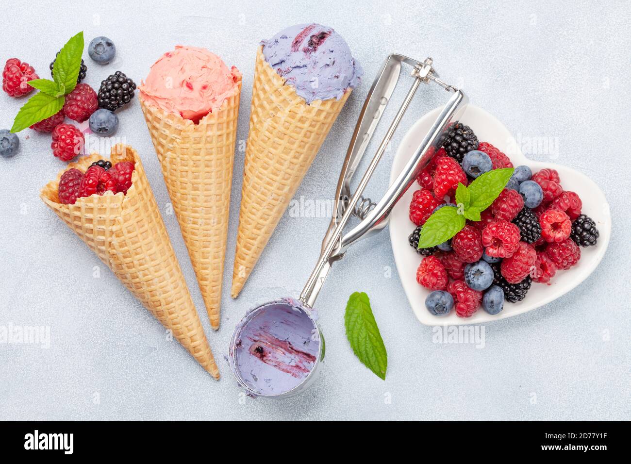 Homemade berry and vanilla ice cream sundae. Top view flat lay Stock ...